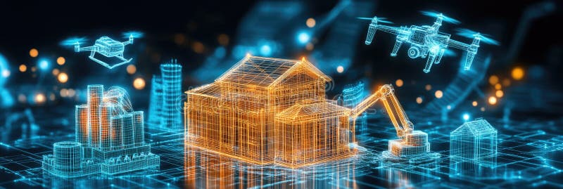 Futuristic Digital Construction Blueprint with Drones and Excavator ...