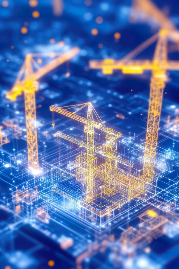 Futuristic Digital Construction Concept with Holographic Cranes and ...
