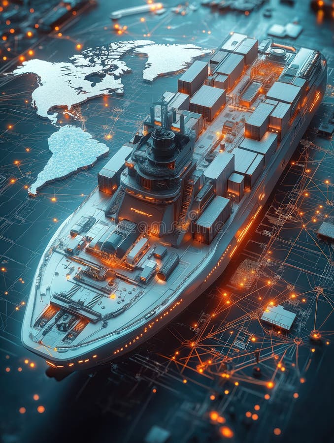 Futuristic Digital Container Ship on Global Network Map. Advanced Tech ...