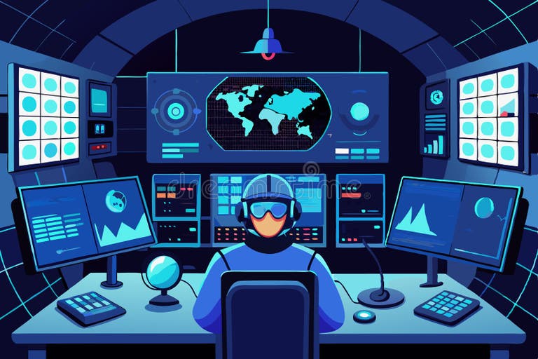 Futuristic Digital Control Center for Cybersecurity, Featuring Multiple ...