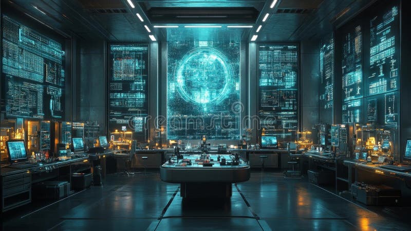 High-Tech Digital Control Center with Neon Glow and Displays Stock ...