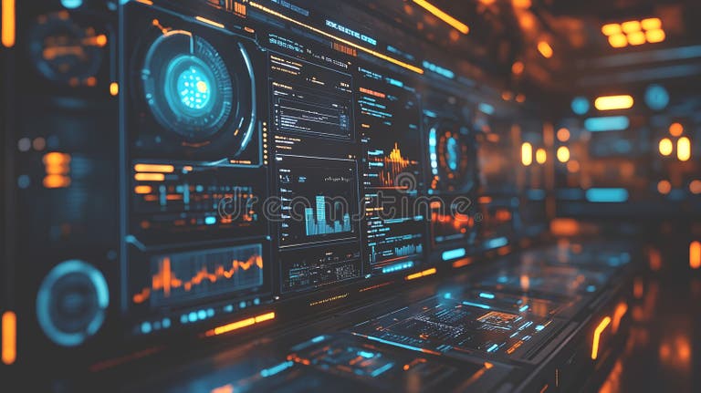Futuristic Digital Control Panel with Glowing Holographic Data Displays ...
