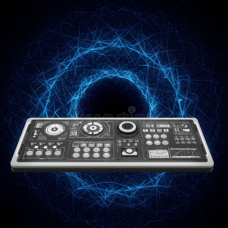 A Futuristic Digital Control Panel with Various Buttons, Dials, and ...