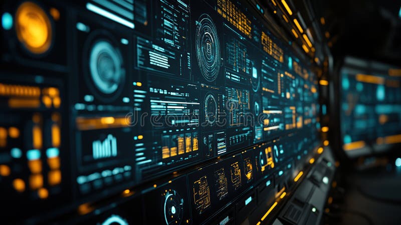 Futuristic Digital Control Panels with Glowing Indicators and Data ...
