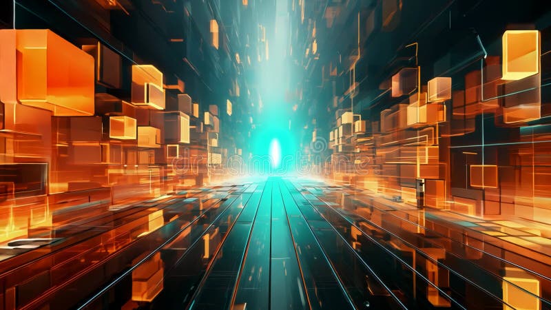 Futuristic Digital Corridor with Glowing Blocks and Light Rays Stock ...