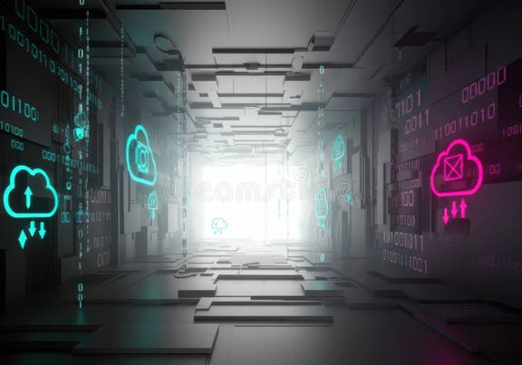 Futuristic Digital Corridor with Glowing Cloud Icons and Binary Code ...