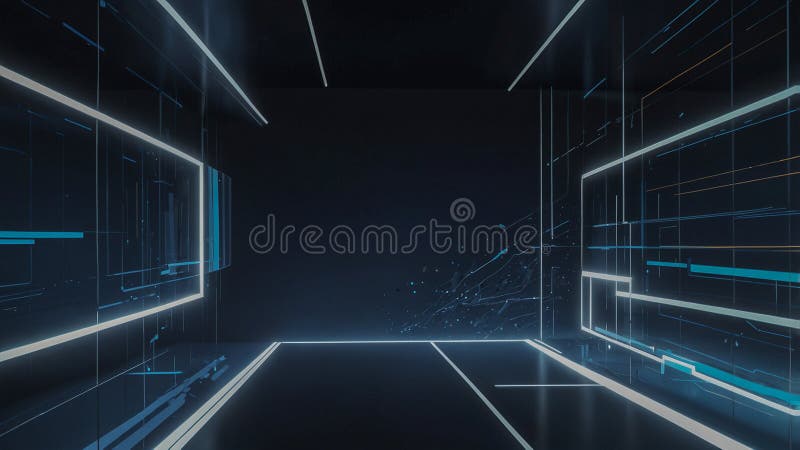 Futuristic Digital Corridor with Glowing Tech Lines Stock Illustration ...