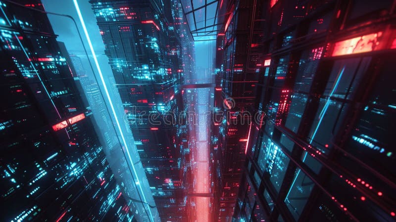 Futuristic Digital Corridor Neon Blue Red Lights Cyberpunk Setting ...