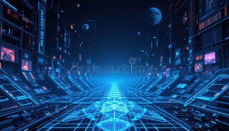 Futuristic Digital Corridor with Neon Lights and Cosmic Elements in a ...