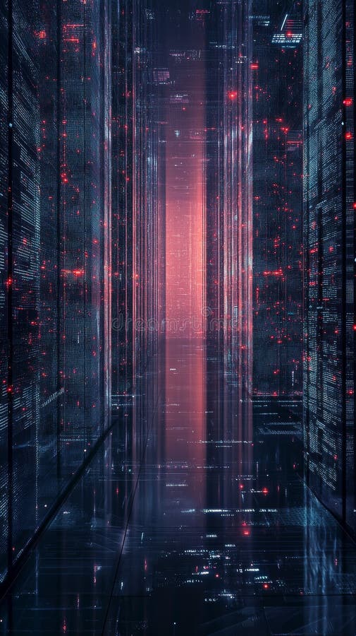 Futuristic Digital Corridor with Red Lights and Data Streams in a High ...