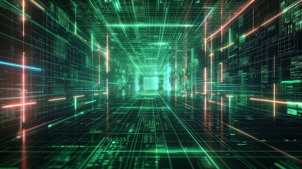 Futuristic Digital Corridor with Vibrant Green and Red Light Effects ...