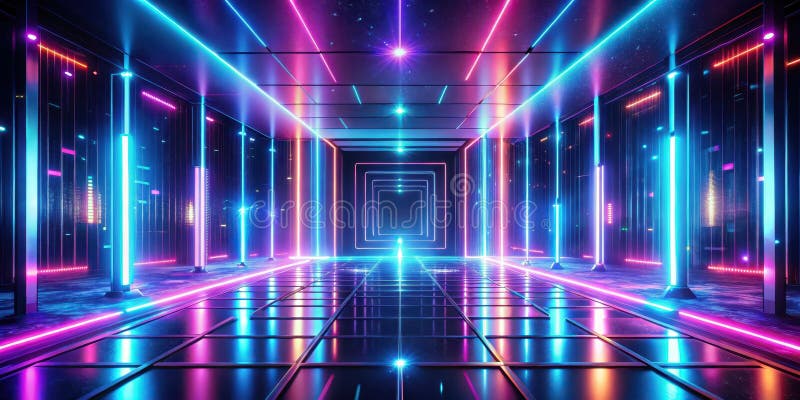 Futuristic Digital Corridor with Vibrant Neon Lighting and Reflective ...