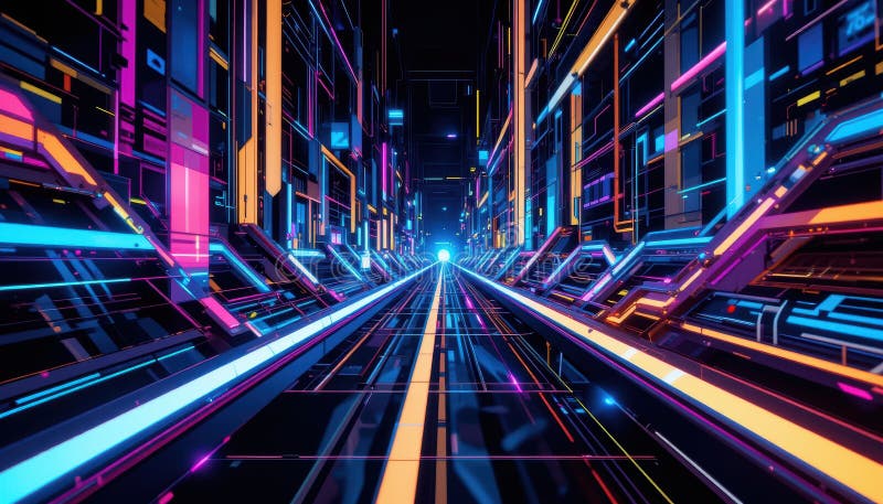 Futuristic Digital Corridor with Vibrant Neon Lights and Abstract ...