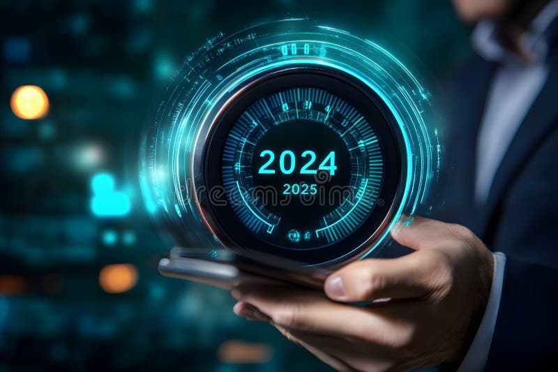 Futuristic Digital Countdown from 2024 To 2025 Displayed on a High-Tech ...