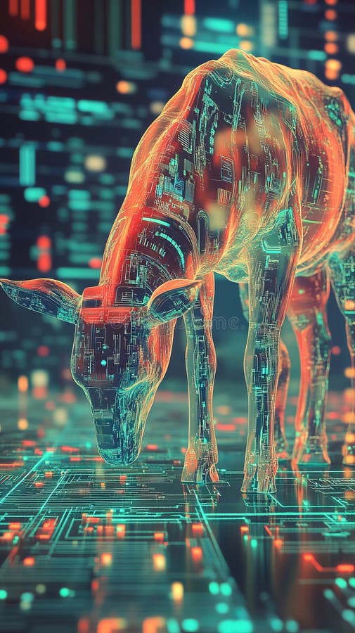 Futuristic Digital Cow Grazing on Circuit Board in a High-Tech Virtual ...