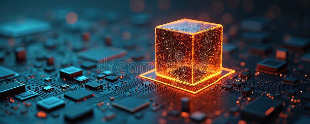 Futuristic Digital Cube with Glowing Data Waves on Circuit Board ...