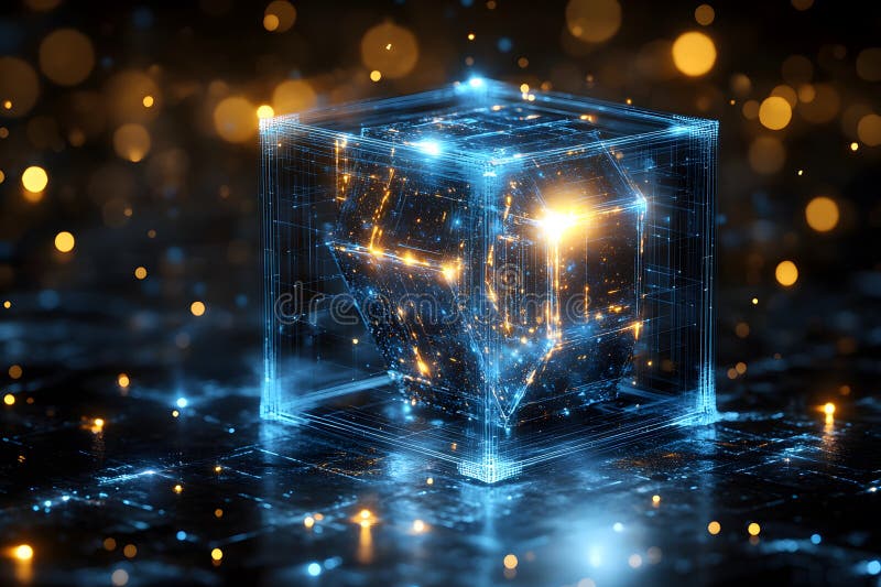 Futuristic Digital Cube with Glowing Lights in a Virtual Space ...