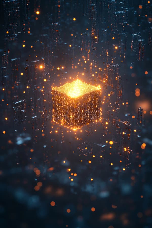Futuristic Digital Cube with Glowing Particles in a Virtual Space Stock ...