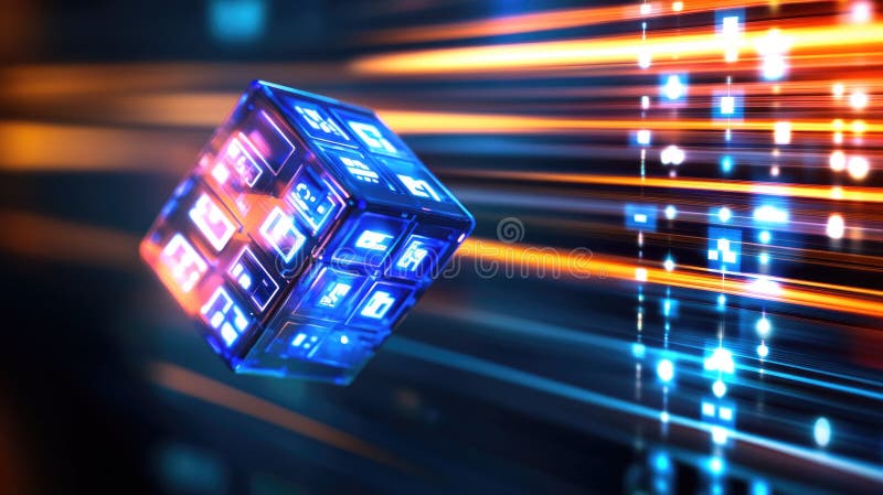 Futuristic Digital Cube with Neon Lights and Binary Code Stock ...