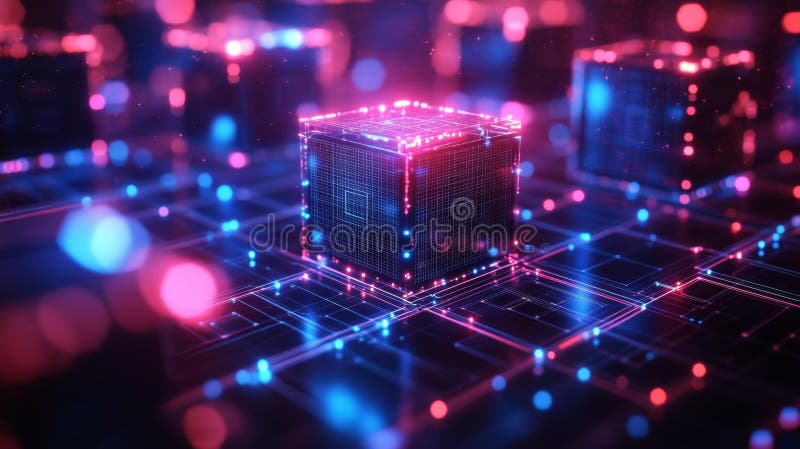 Futuristic Digital Cube with Neon Lights Generative AI Stock ...