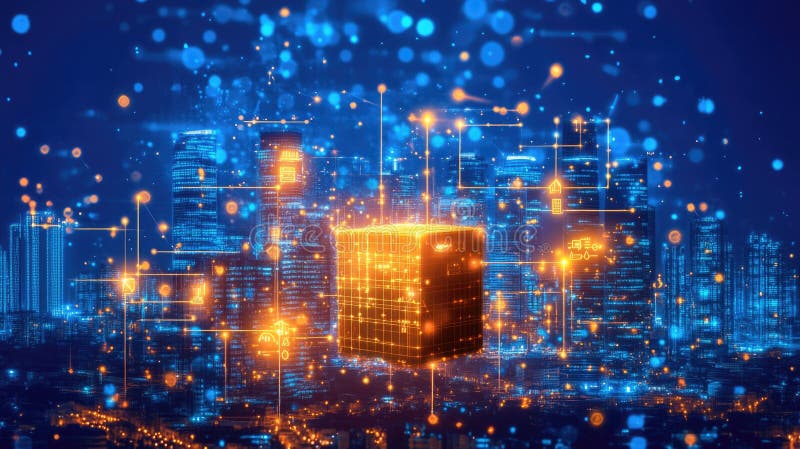 Futuristic Digital Cube in Vivid Ai Cityscape with Glowing Neon Lights ...