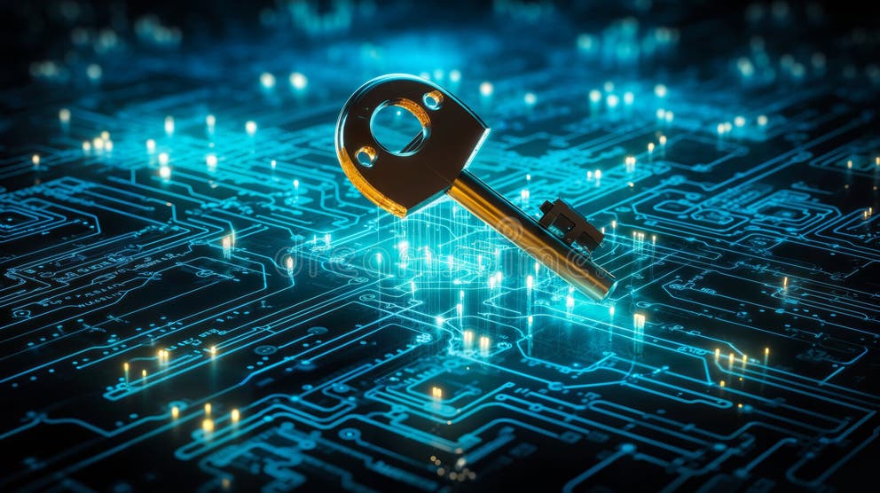 Futuristic Digital Cybersecurity Concept with Glowing Key and Binary Data Streams Flowing in ...