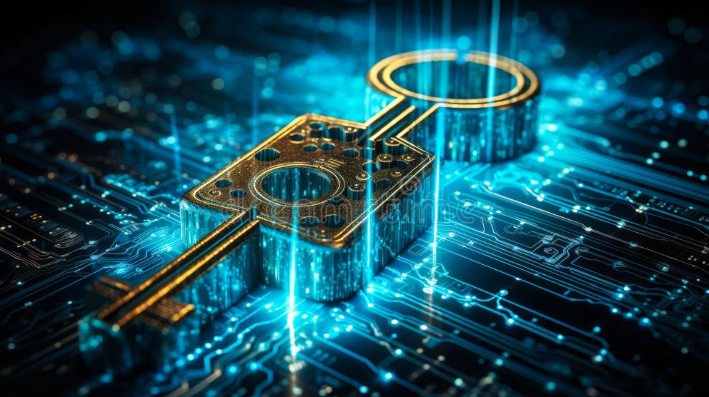 Futuristic Digital Cybersecurity Concept with Glowing Key and Binary Data Streams Flowing in ...