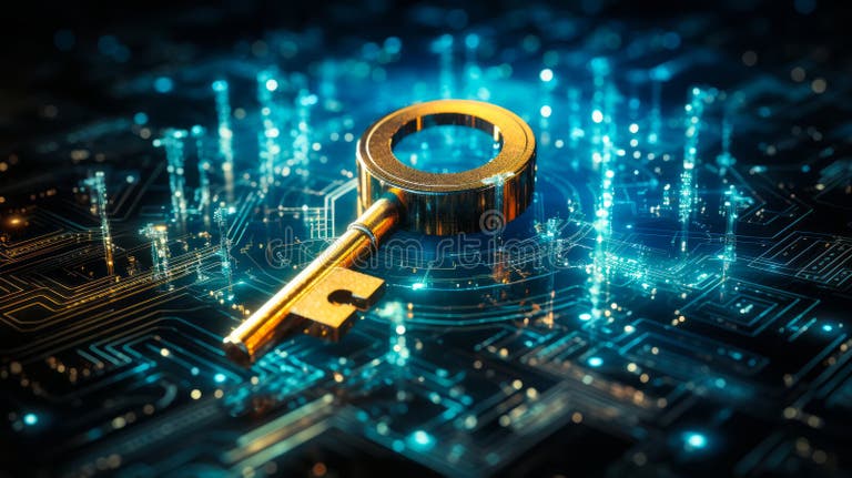 Futuristic Digital Cybersecurity Concept with Glowing Key and Binary Data Streams Flowing in ...
