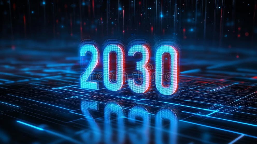 Futuristic Digital 3D Number 2030, Glowing and Reflecting on an ...