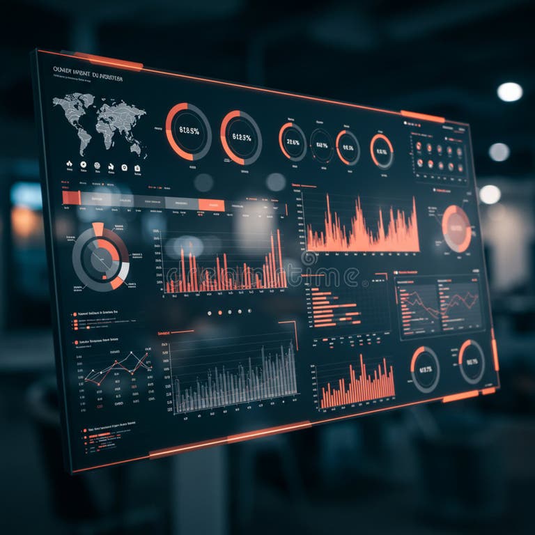 A Futuristic Digital Dashboard is Displayed, Featuring Multiple Data Visualizations Such Stock ...