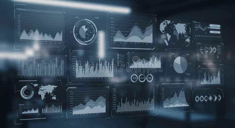 Futuristic Digital Dashboard Displaying Various Data Visualizations, Including Line Stock ...