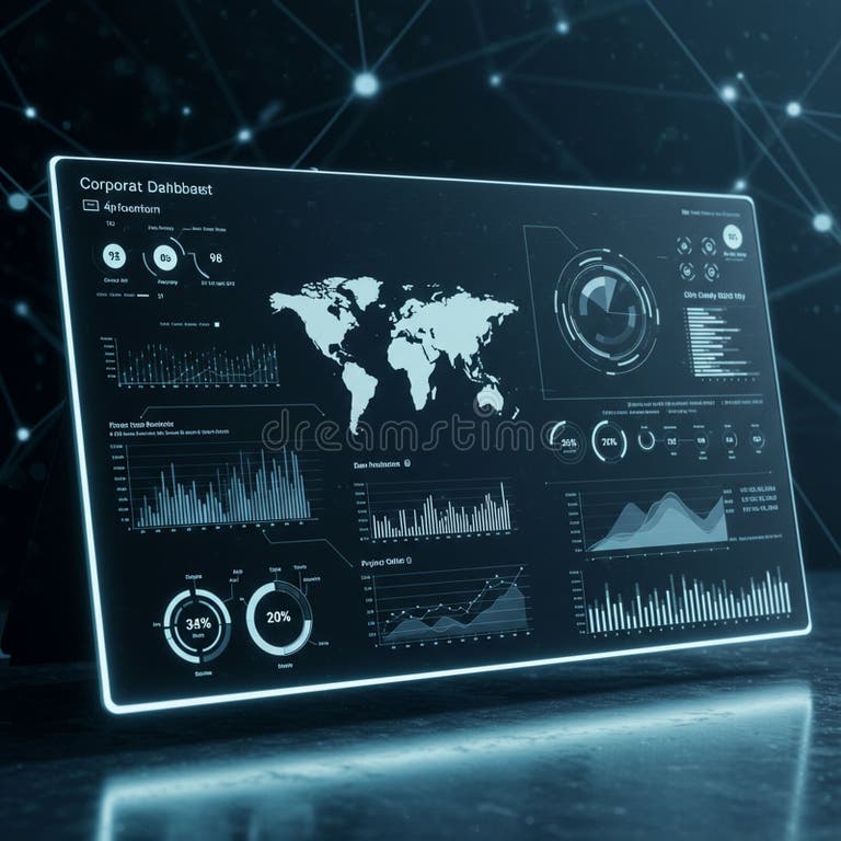 Futuristic Digital Dashboard Displaying World Map, Statistical Graphs, and Data Stock ...
