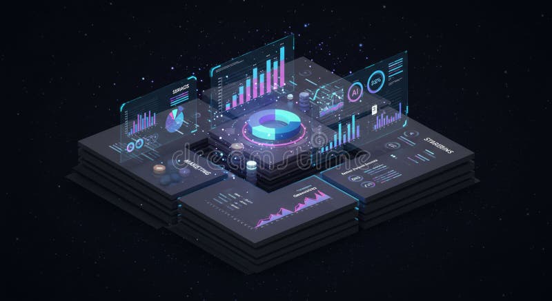 Futuristic Digital Dashboard Featuring an Array of Holographic Displays ...