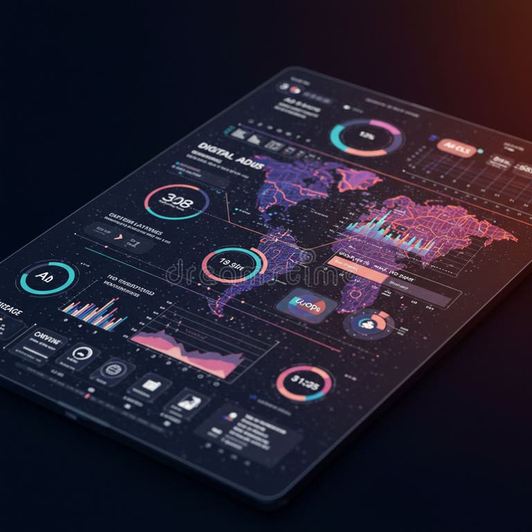 Futuristic Digital Dashboard Featuring Data Analytics and Visualization on a Tablet. Stock ...