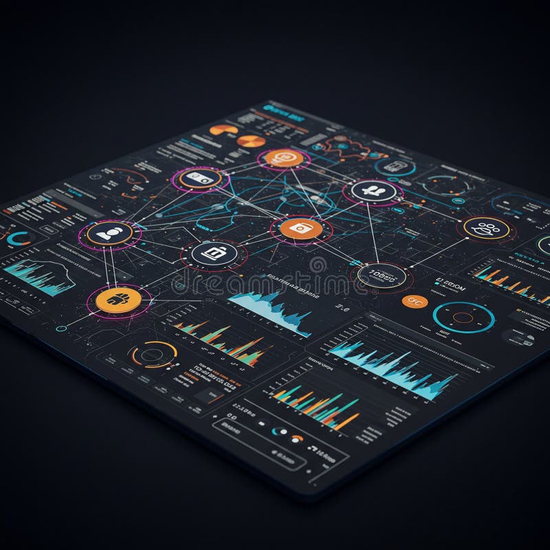 Futuristic Digital Dashboard Featuring Interconnected Nodes and Icons Representing Stock ...