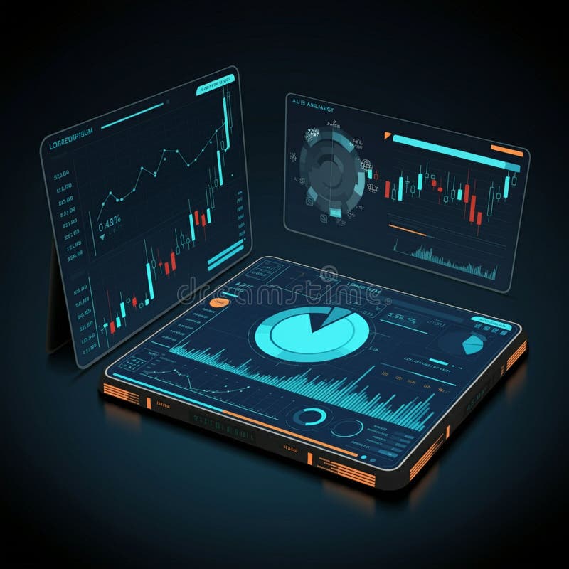 A Futuristic Digital Dashboard Featuring Multiple Screens Displaying Data Analytics. the Stock ...