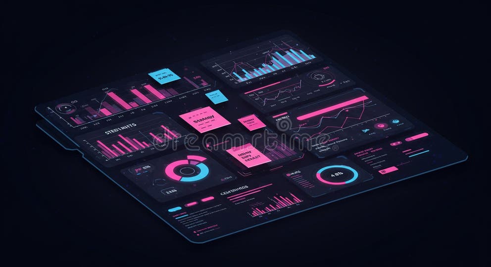 A Futuristic Digital Dashboard Featuring Various Data Visualizations, Including Bar Stock ...