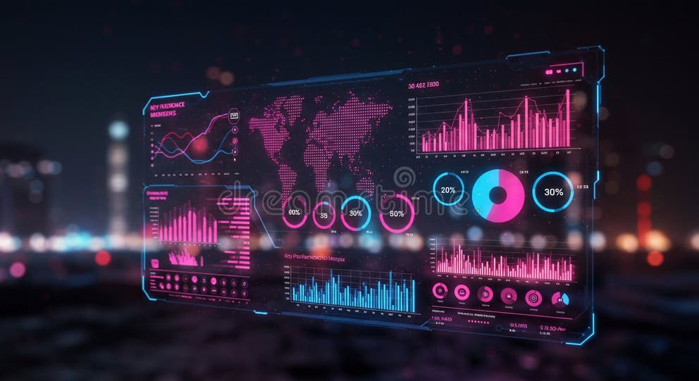Futuristic Digital Dashboard Featuring Various Data Visualizations, Including Bar and Stock ...