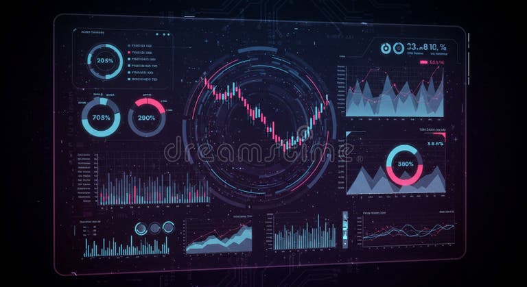 Futuristic Digital Dashboard Featuring Various Data Visualizations, Including Circular Stock ...