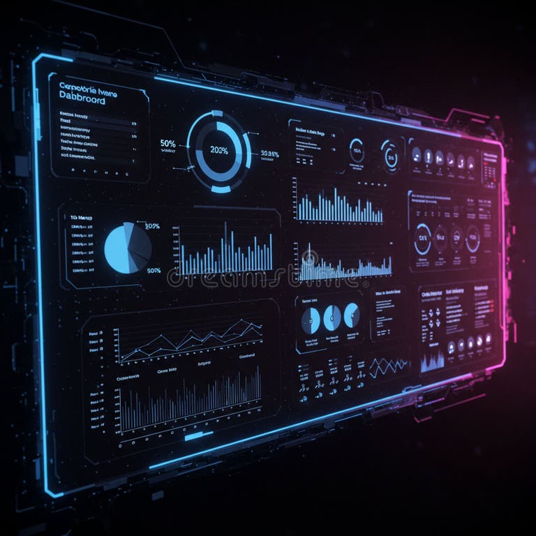 Futuristic Digital Dashboard Interface Features Various Data Visualizations, Including Stock ...