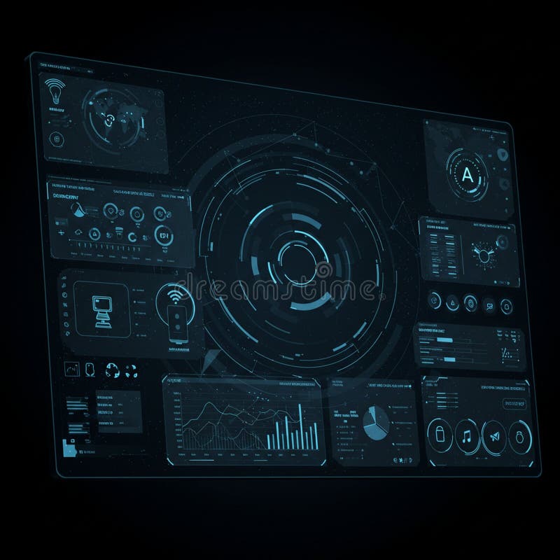 Futuristic Digital Dashboard Interface Featuring a Central Circular Display with Radiating Stock ...
