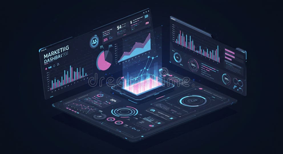 Futuristic Digital Dashboard Interface Featuring Multiple Data Visualization Elements, Stock ...