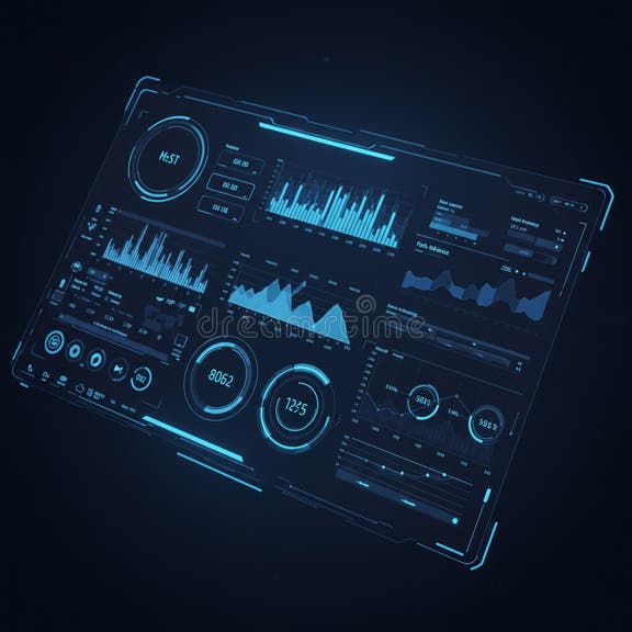 Futuristic Digital Dashboard Interface Featuring Various Circular and Linear Graphs, Ba Stock ...