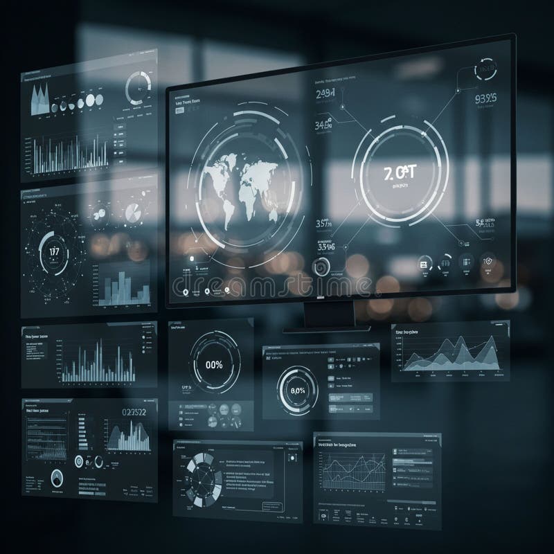 Futuristic Digital Dashboard Interface with Multiple Data Analytics Screens Displayed Stock ...