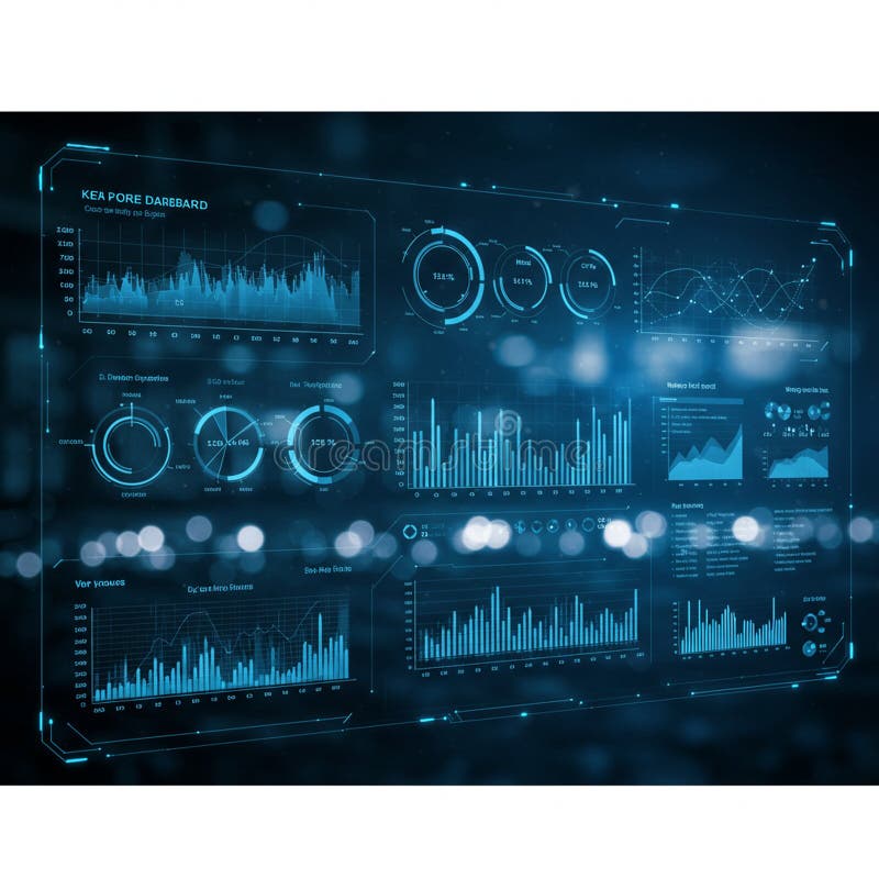 Futuristic Digital Dashboard Interface with Various Data Visualizations, Including Bar Stock ...