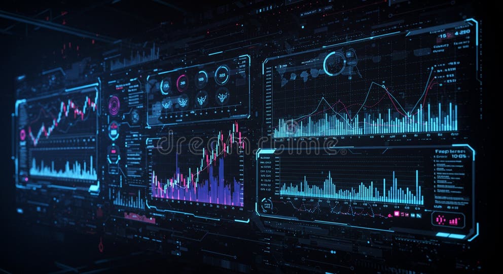 Futuristic Digital Dashboard with Multiple Data Visualizations, Featuring Line and Bar Stock ...