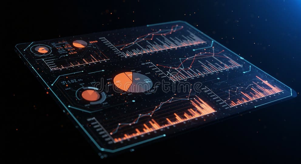 Futuristic Digital Dashboard with Various Data Visualizations, Including Line Graphs and Stock ...