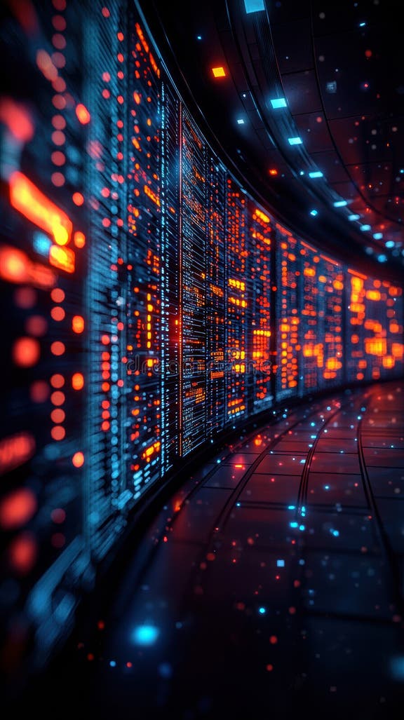 Futuristic Digital Data Center with Glowing Red and Blue Lights ...