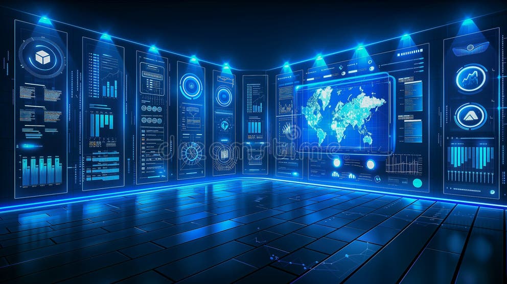Futuristic Digital Data Center with Interactive Interfaces Stock Illustration - Illustration of ...