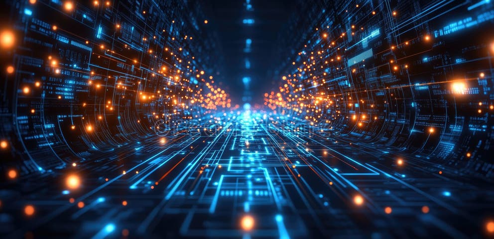 Futuristic Digital Data Highway with Glowing Blue and Orange Lights in ...